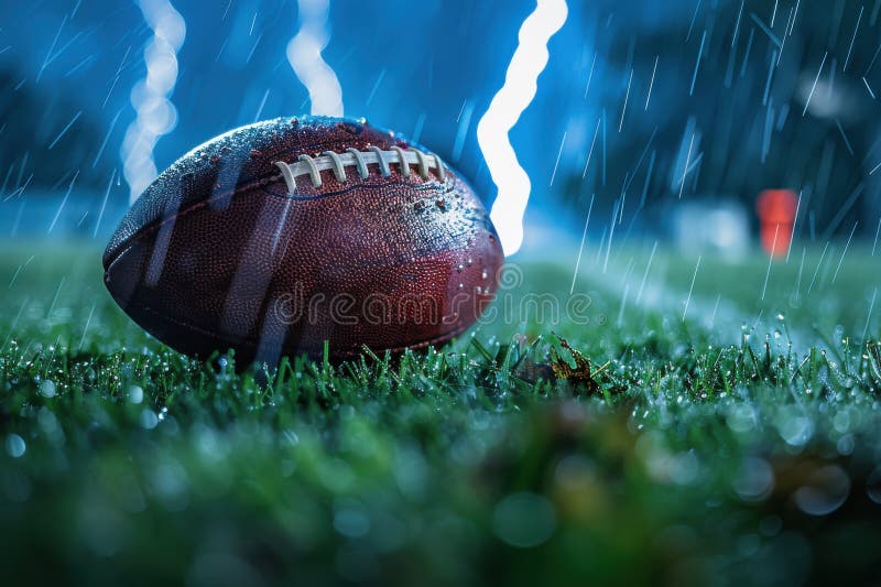 A Football is on the Ground in a Field with Rain and Lightning Stock ...