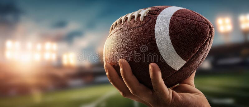 The Football Held in Hand Against a Dramatic Stadium Backdrop at Night ...