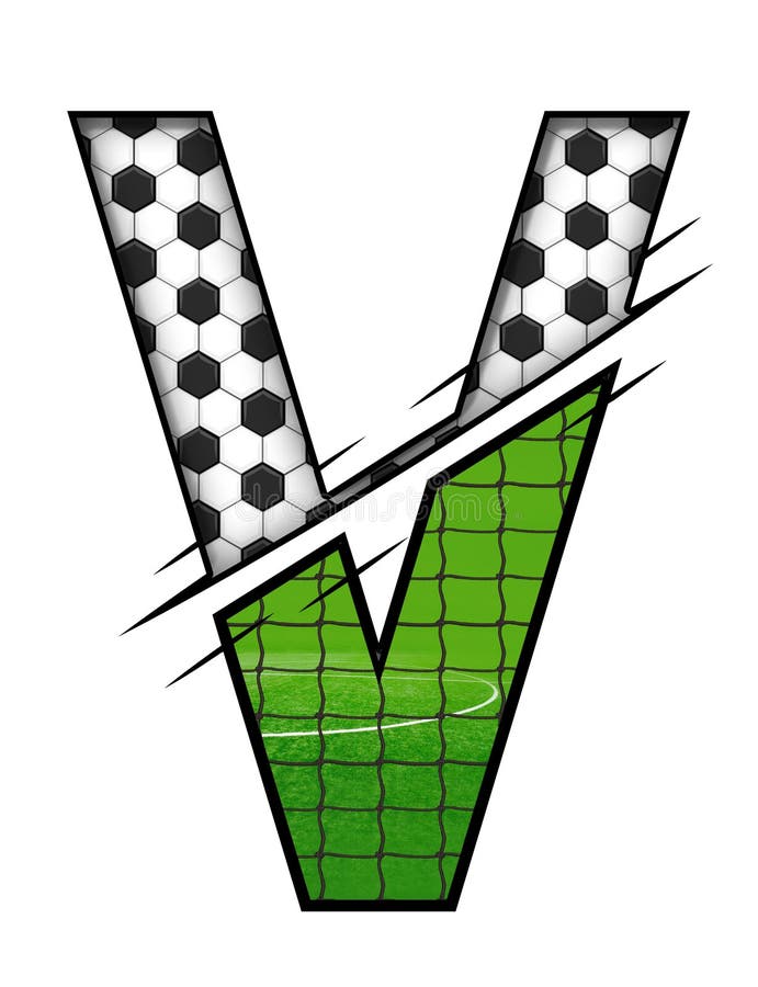 Football Letter V with Hexagonal Pattern, Net Pattern and Grassy Ground ...