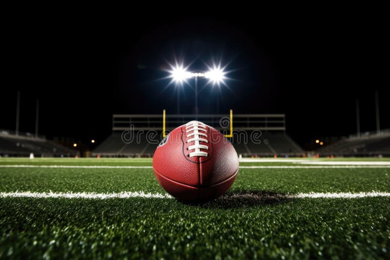 Football Placed on a Luminous Turf Under Stadium Lights Stock Photo ...