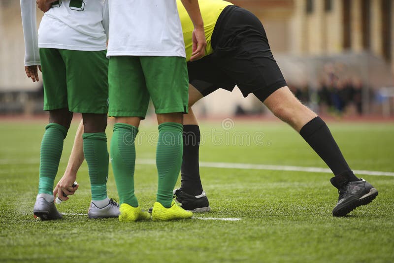 Football Referee Marks Kick Off Positions Stock Image - Image of action ...