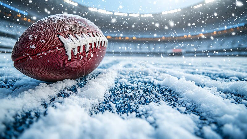 Football Resting on Snowy Field Inside Stadium during Snowfall Stock ...