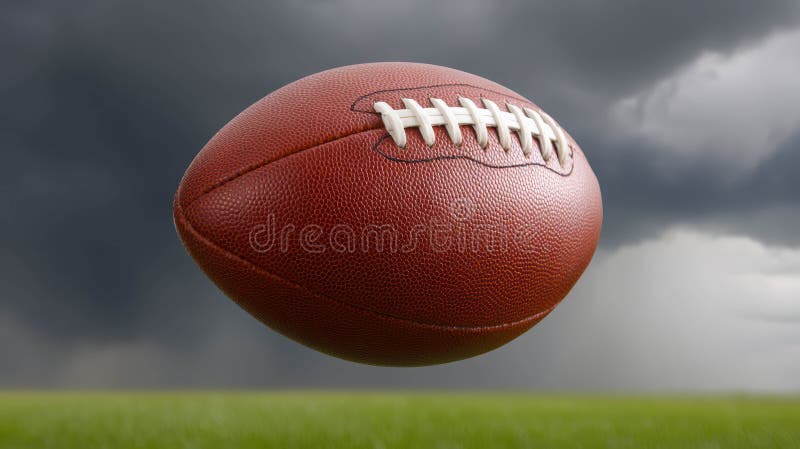 Football Soaring through the Air Above an Empty Field with Dramatic ...
