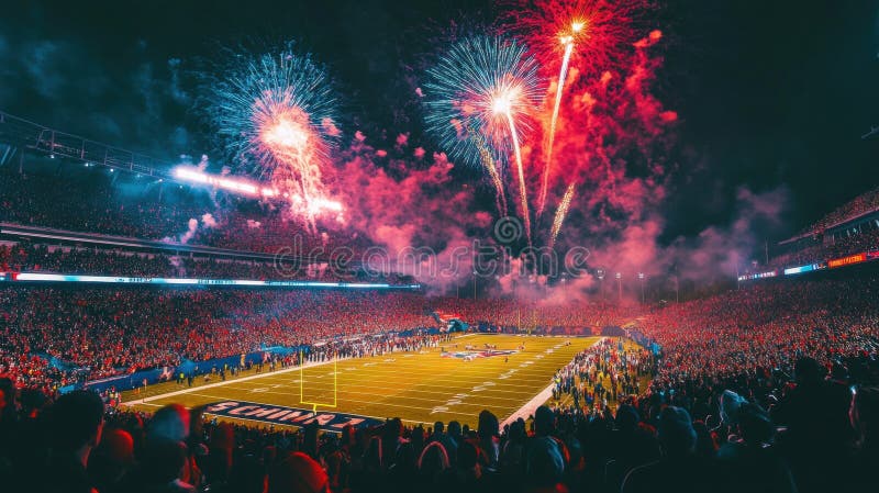 A Football Stadium with Fireworks and People Watching Stock ...