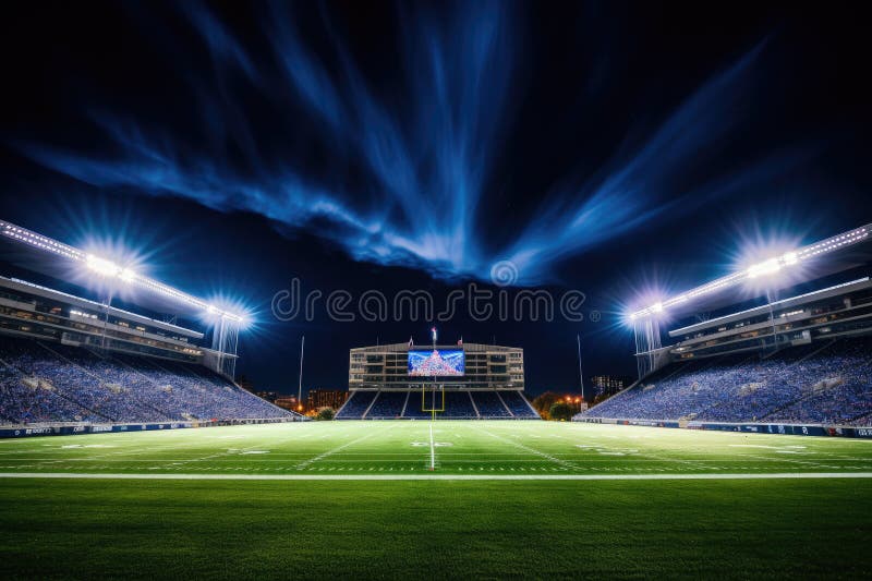 Football Stadium at Night with Lights and Grass Field in the Foreground ...