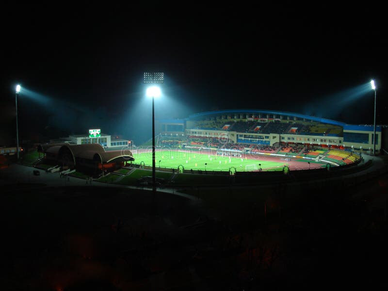 Football Stadium at Night with Spotlights Editorial Stock Photo - Image ...