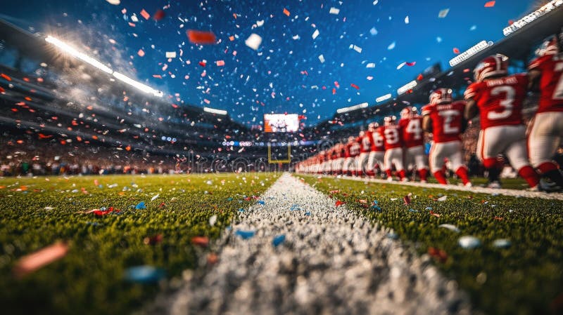 Football Team Celebration with Confetti on Stadium Field at Night Stock ...