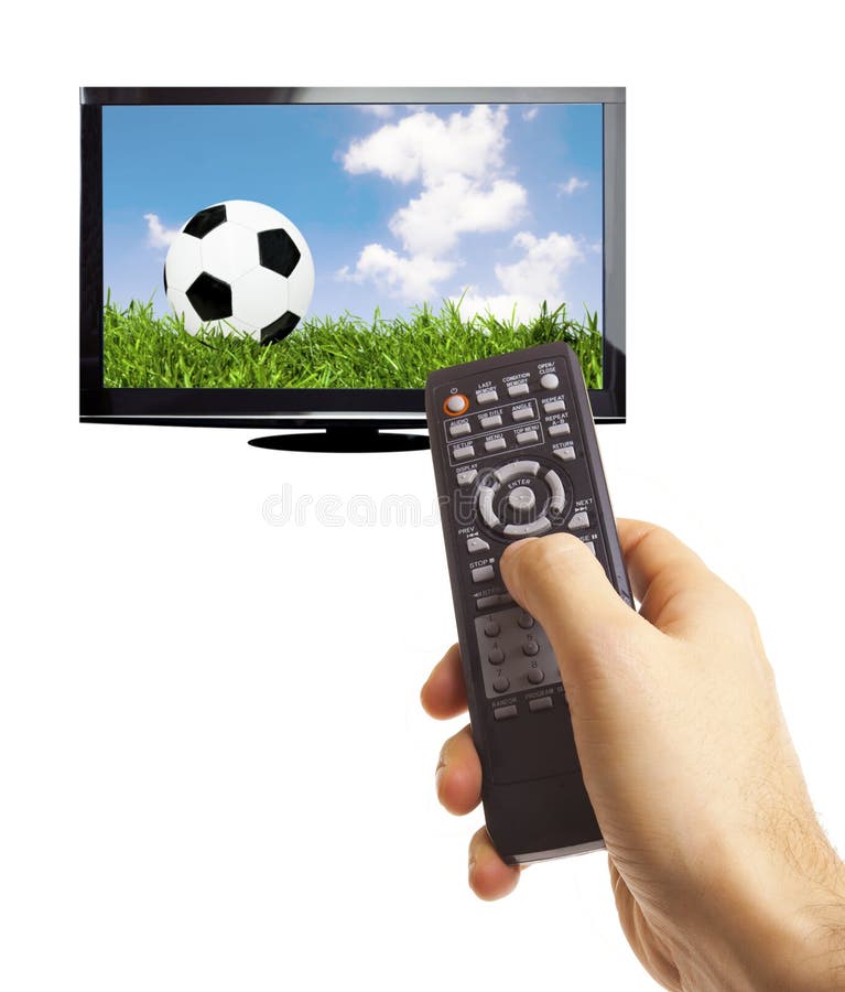 Turning Off the TV. Remote Control in Hand. Football Stock Photo ...