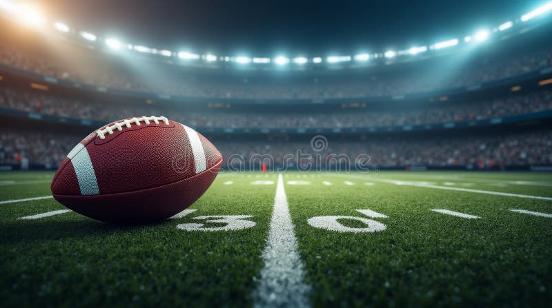 Football on the 30-yard Line Under Bright Stadium Lights, Ready for ...