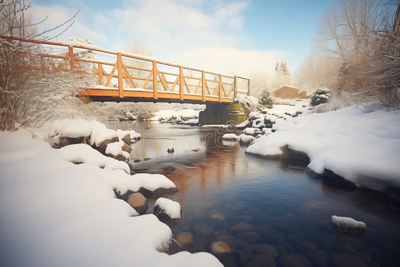 Footbridge Over a Frozen Stream Stock Image - Image of weather, nature ...