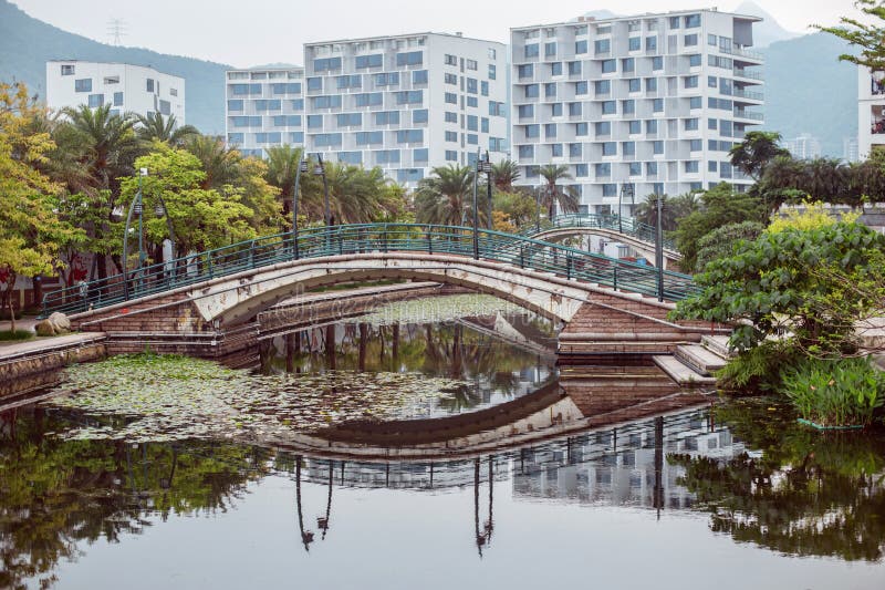 Footbridge Over the Lake in the Park. Bridge Beautifully Reflected in ...