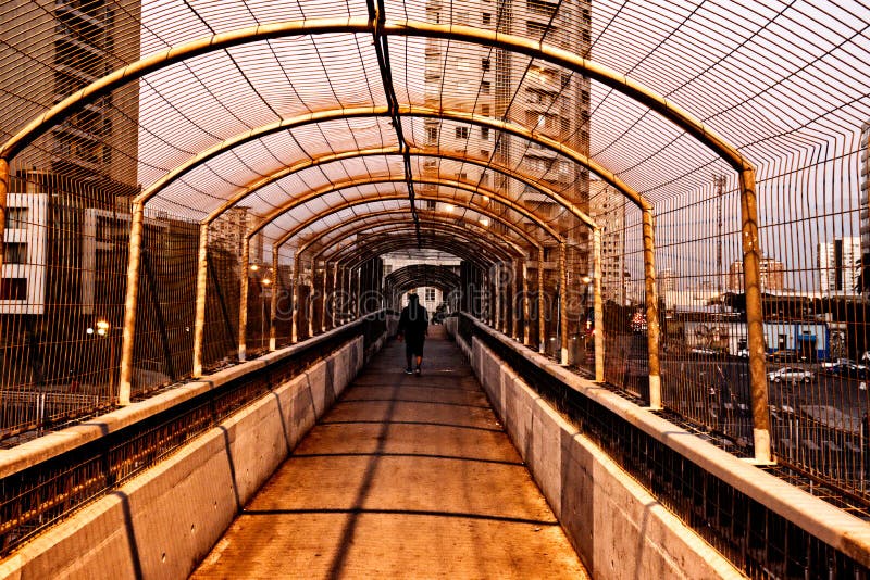 Footbridge Over the Subway Train of the City at Nightfall Stock Image ...