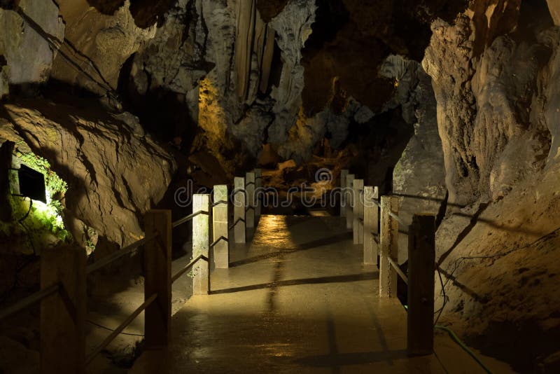 Footbridge in Stone Cave. Bridge in Cavern with Stalactite. Stock Image ...