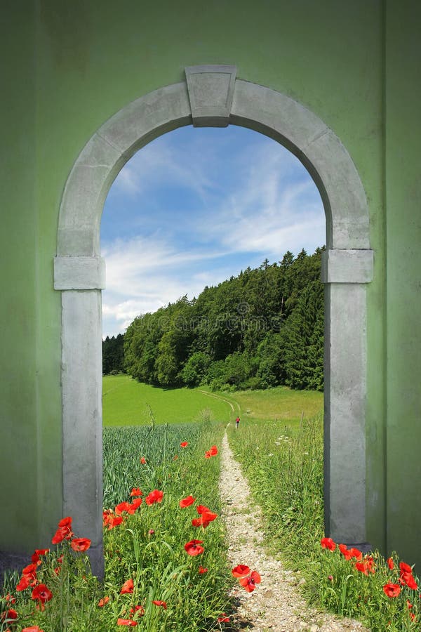 Footpath through Arched Door, Spring Landscape Stock Image - Image of ...