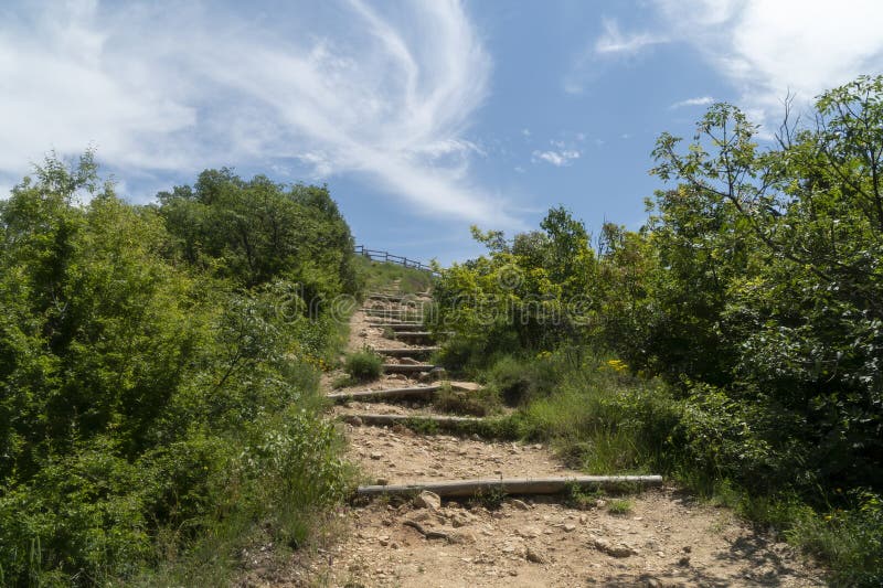 A Footpath with Wooden Stairs in for Easy Mountain Climbing Stock Photo ...