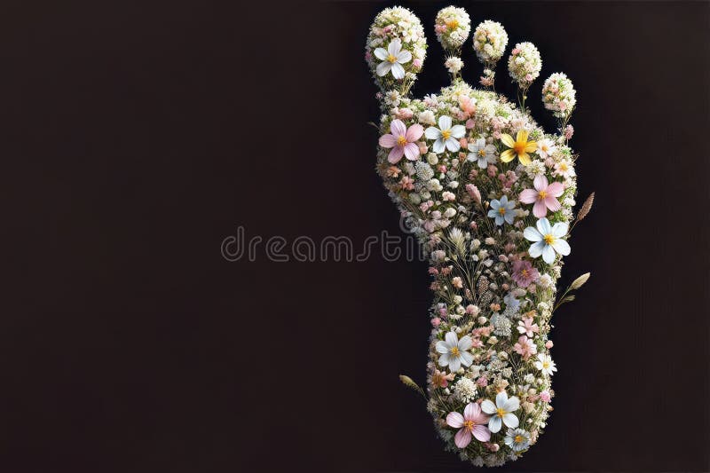 A Footprint in the Shape of a Human Foot Made of Flowers on a Dark ...