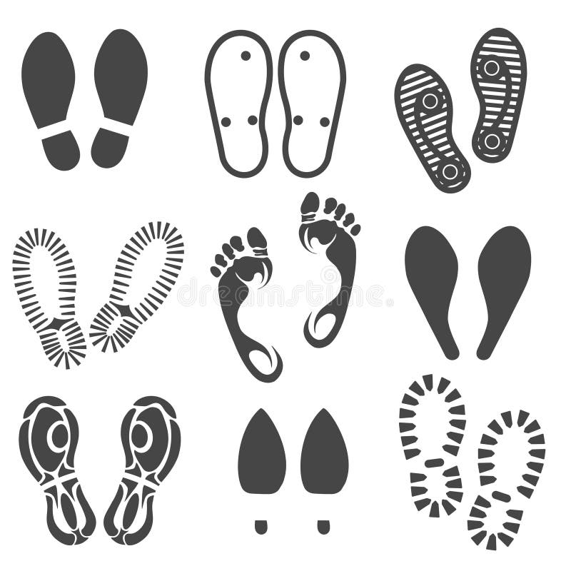 Footprint and Shoes Prints Set Stock Vector - Illustration of imprint ...