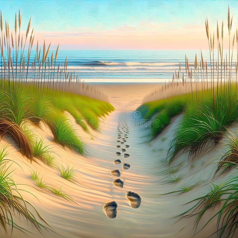 Footprints on a Beach Path with Dune Grass Stock Illustration ...