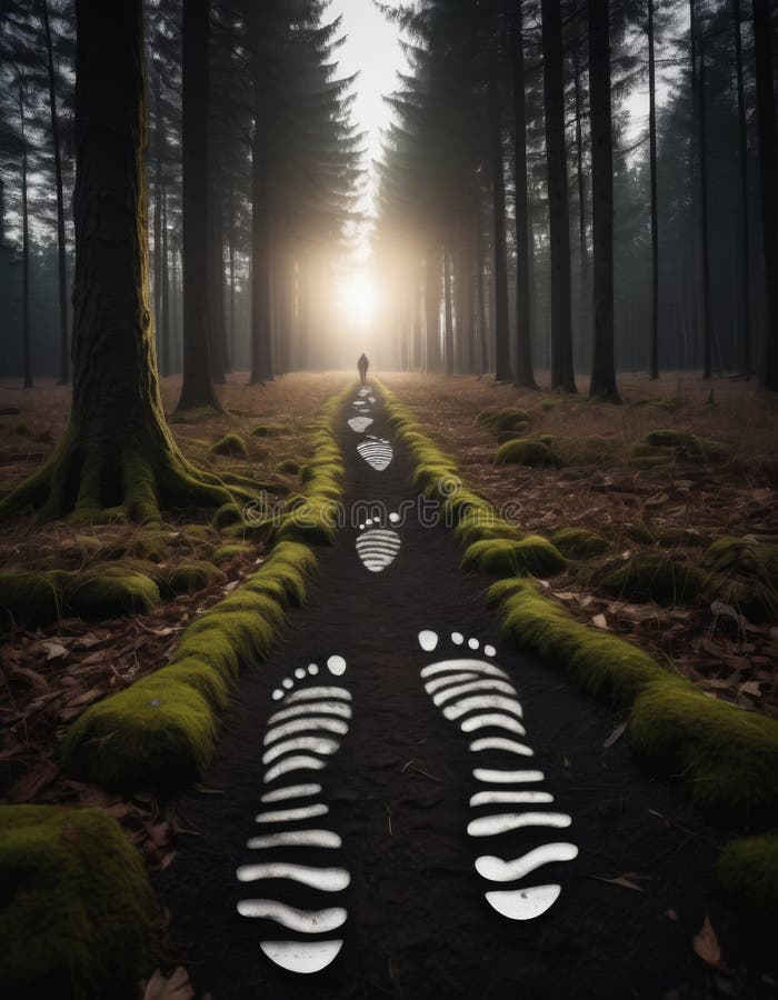 Footprints on a Forest Path Leading into the Glowing Horizon Stock ...