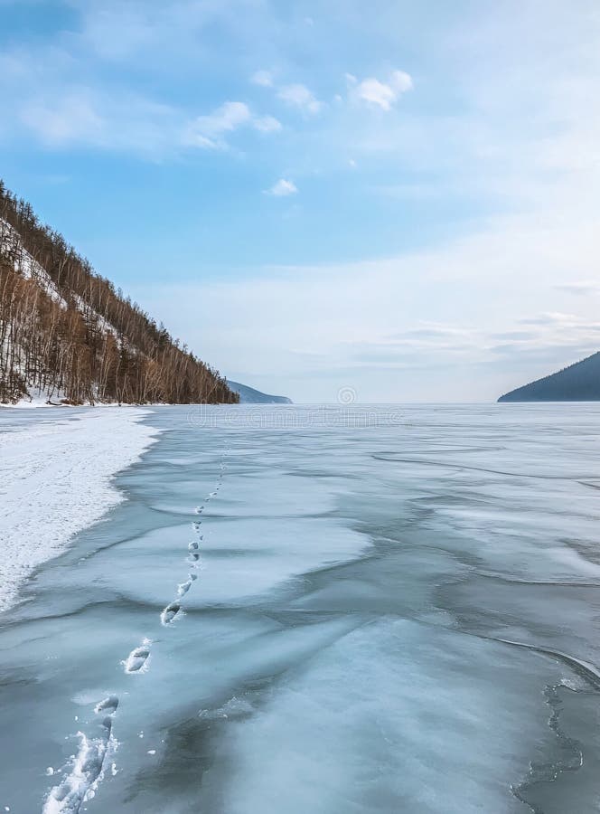 Footprints on Frozen Lake Winter Landscape High Quality Image Stock ...