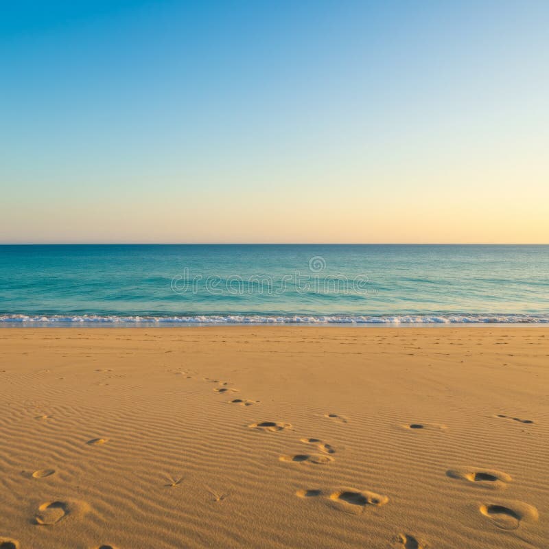 Footprints in Golden Sand on a Calm Ocean Beach at Sunset Stock Image ...