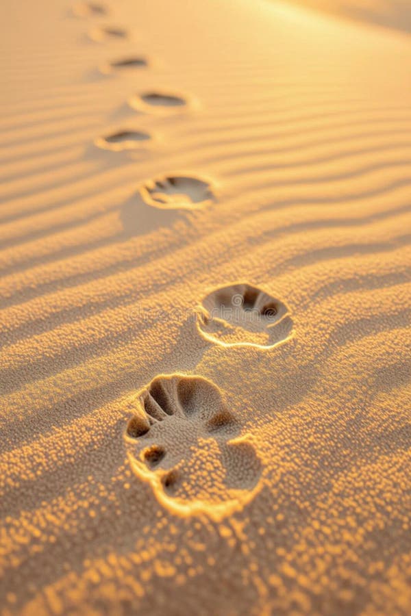 Footprints in Golden Sand Dunes with Ripple Texture at Sunset Closeup ...