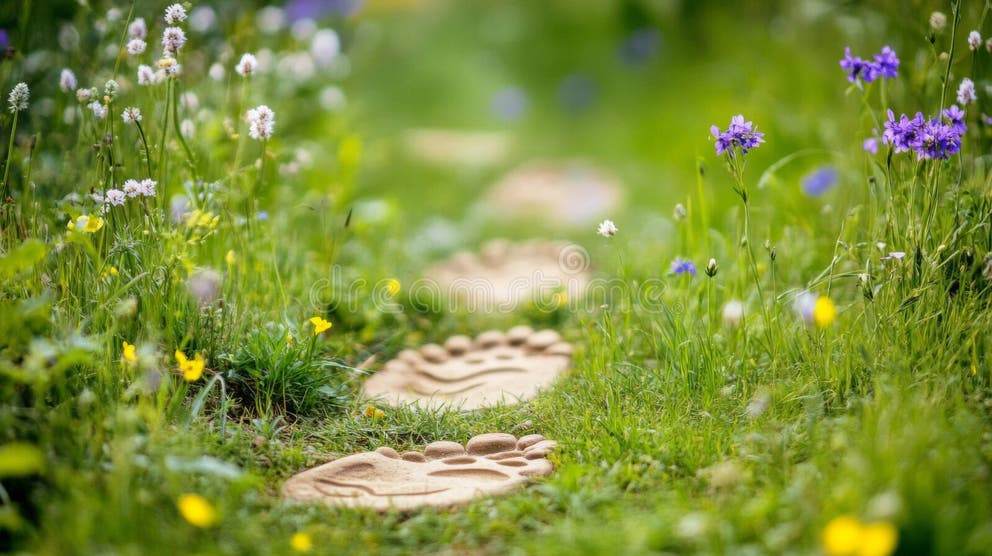 Footprints on a Grass Path through a Blooming Garden Stock Illustration ...