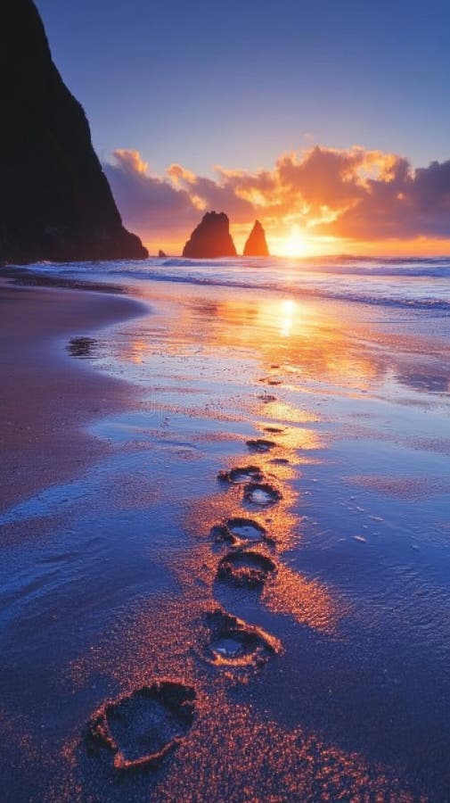Footprints are Illuminated by the Setting Sun Reflecting on the Wet ...