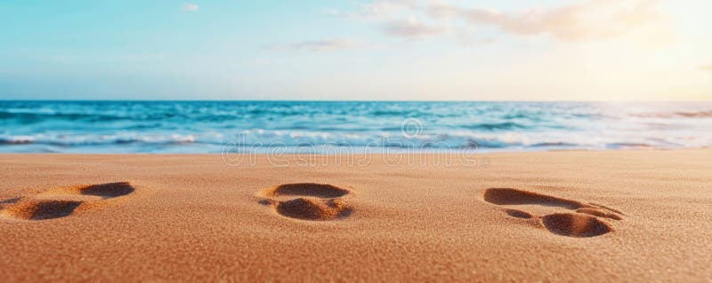 Footprints Lead Across a Tranquil Sandy Beach Inviting Reflection and a ...