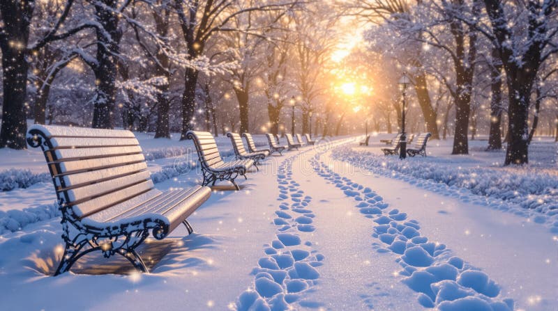 Footprints Lead through a Serene Park Blanketed in Snow, with Benches ...