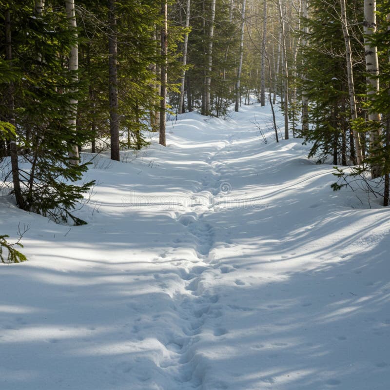 Footprints Lead through a Snowy Forest Path, Flanked by Dense, Tall ...