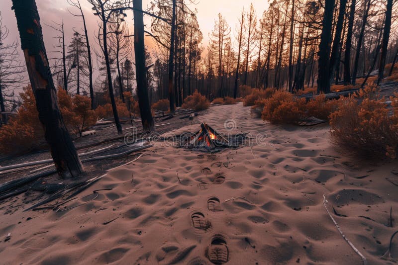 Footprints Leading Away from an Extinguished Campfire, with Burnt Trees ...