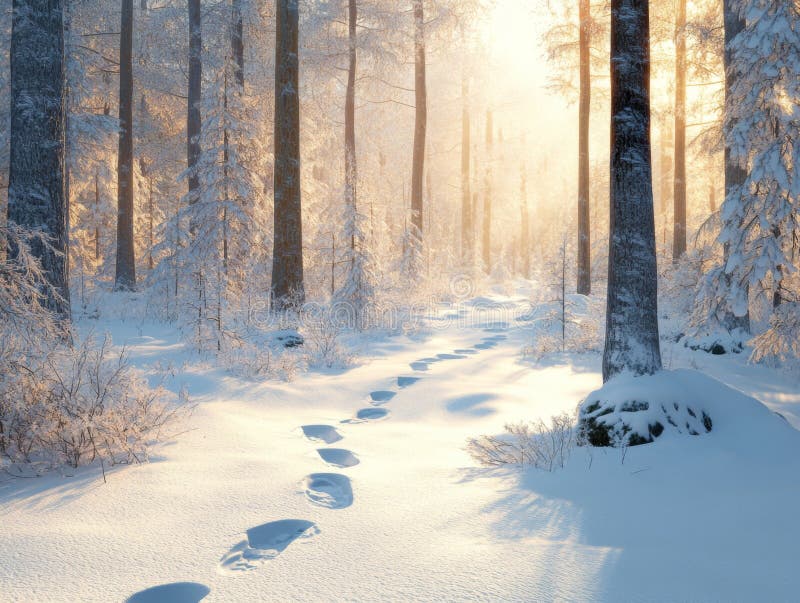 Footprints Leading through a Snowy Forest at Sunrise Stock Illustration ...