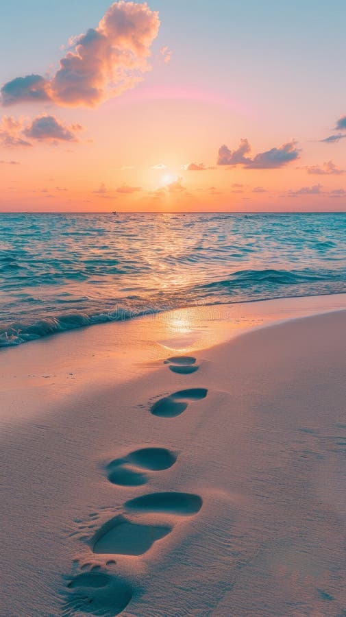 Footprints Leading Towards the Horizon on a Sandy Beach during Sunset ...