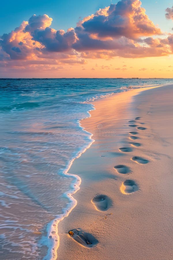 Footprints Left in the Sand on a Beach at Sunset, with Warm Golden ...