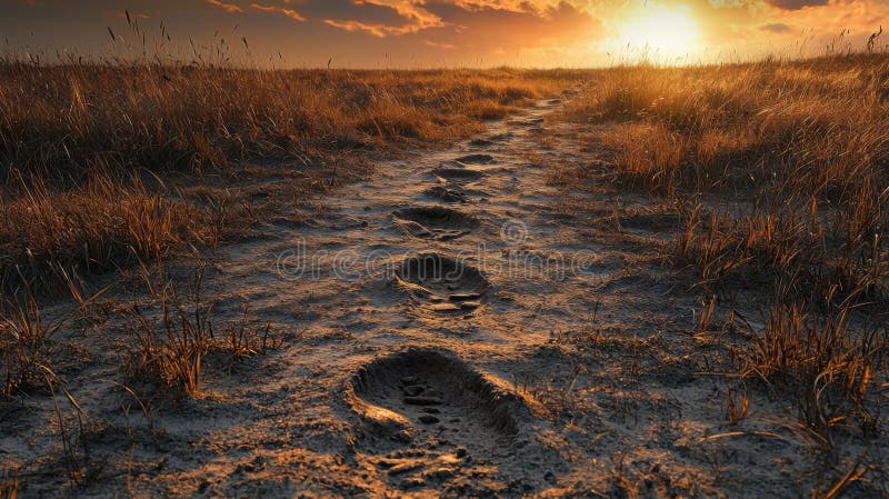 Footprints in a Muddy Path with the Setting Sun in the Background Stock ...