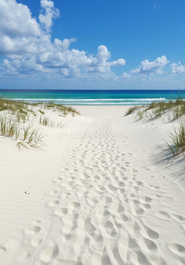 Footprints Path Leading To a Tranquil Turquoise Ocean Beach Stock Image ...