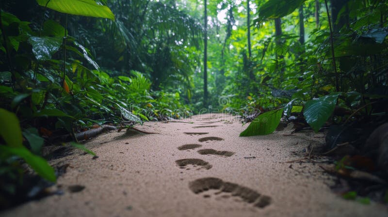 Footprints in the Sand Along a Tranquil Jungle Path Surrounded by Lush ...