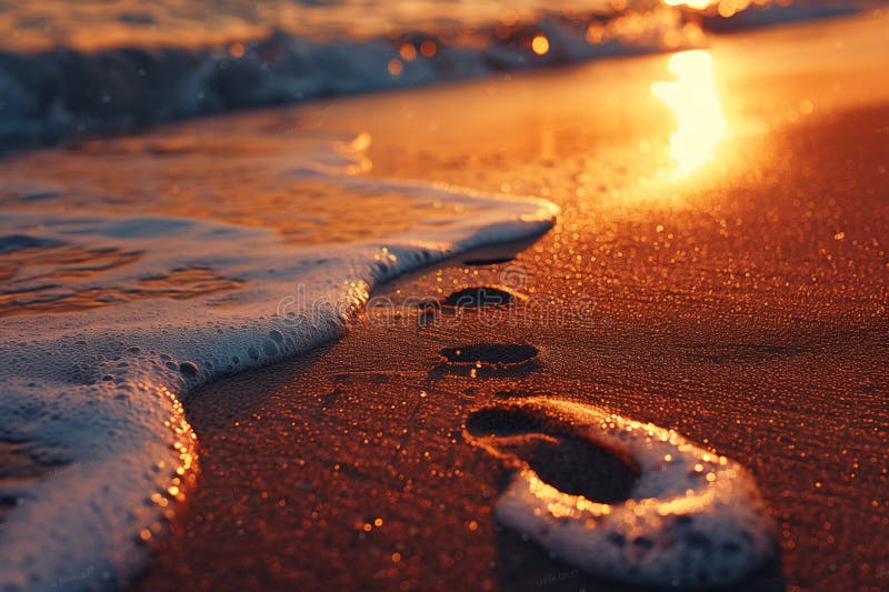 Footprints in the Sand on Beach at Sunset Stock Image - Image of clouds ...