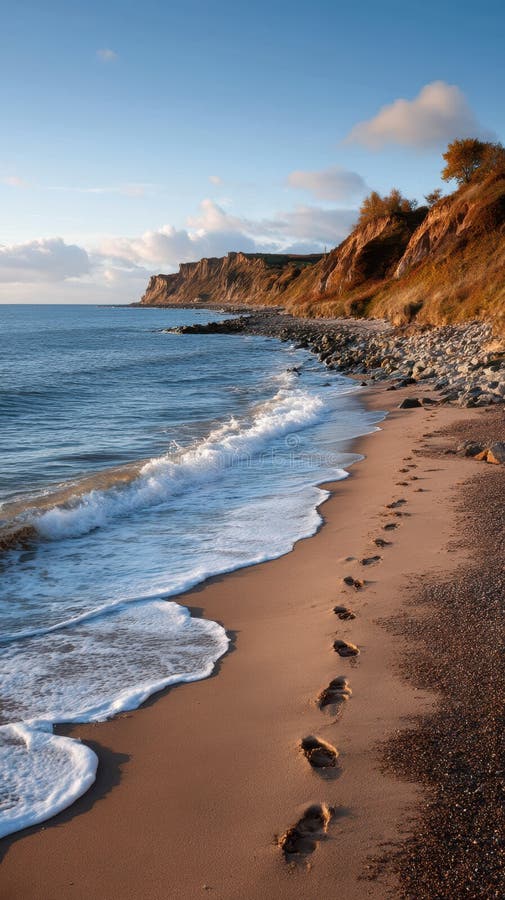 Footprints in Sand, Calm Beach, Ocean Wave, Rocky Cliff, Serene, Sunset ...