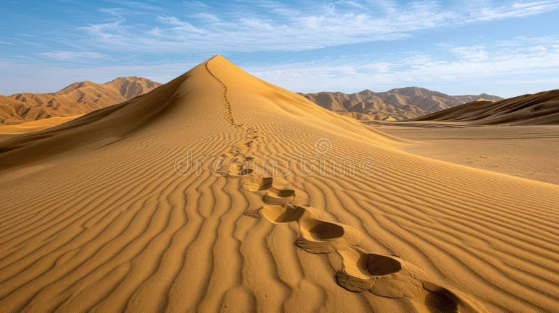 Footprints in the Sand Lead To a Mountain Peak in the Desert Stock ...