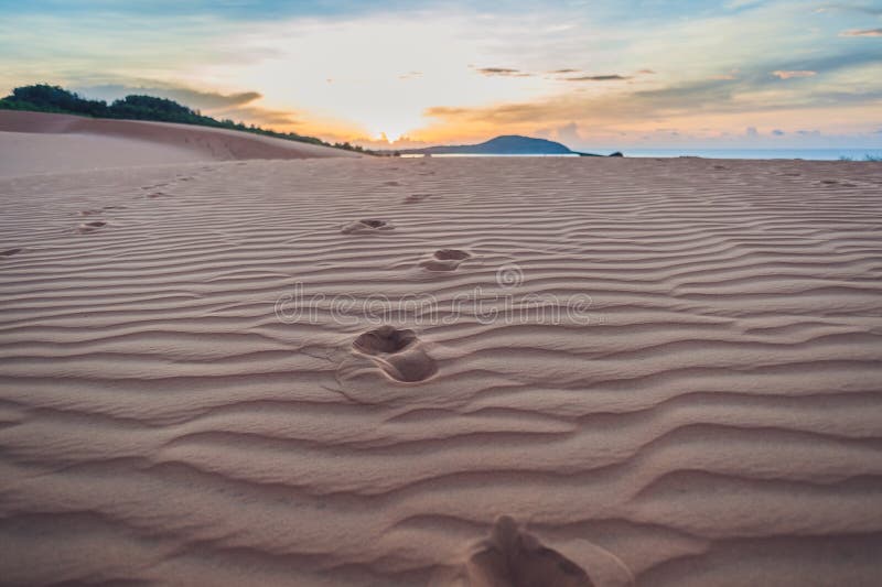 Footprints in the Sand in the Red Desert at Sunrise Stock Photo - Image ...
