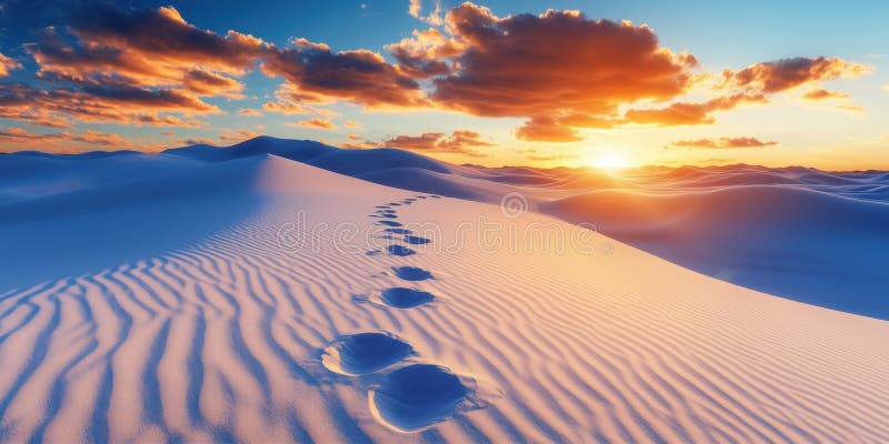 Footprints in the Sand at Sunset Over Serene Desert Landscape Stock ...