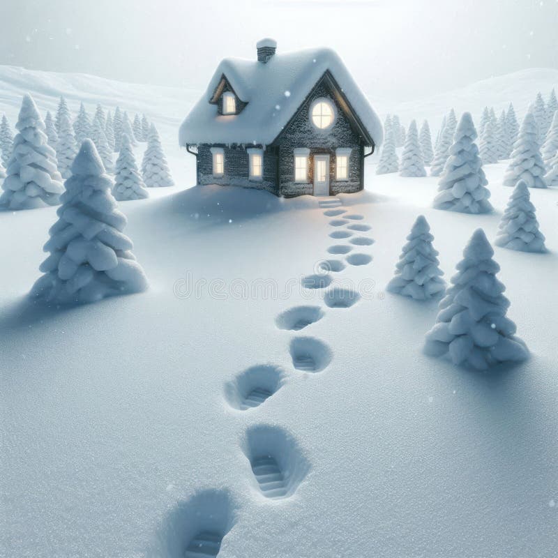 Footprints in the Snow Leading To the House. Stock Image - Image of ...