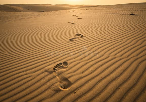 Footprints Trace a Path through a Sunlit Desert Landscape, Featuring ...