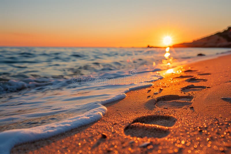 Footprints Tracing the Beach at Sunset Stock Photo - Image of discovery ...