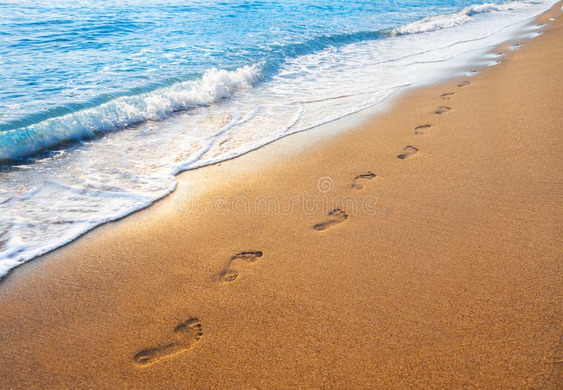 Footprints on Tropical Beach and Beautiful Wave Stock Image - Image of ...
