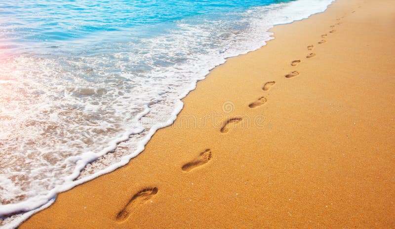 Footprints on Tropical Beach and Beautiful Wave Stock Image - Image of ...