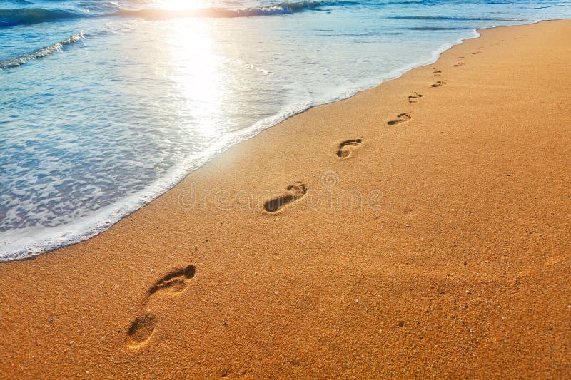 Footprints on Tropical Beach and Beautiful Wave Stock Image - Image of ...