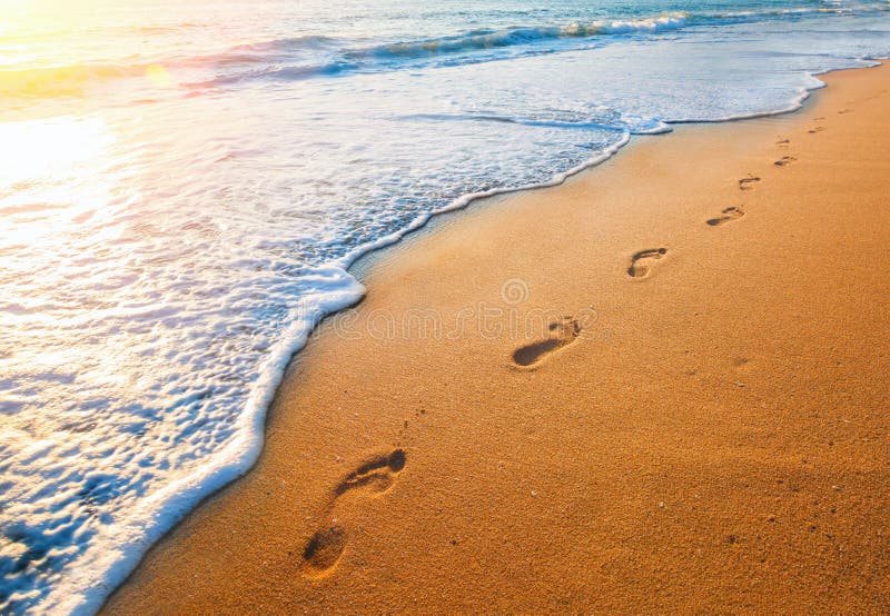 Footprints on Tropical Beach and Beautiful Wave Stock Photo - Image of ...